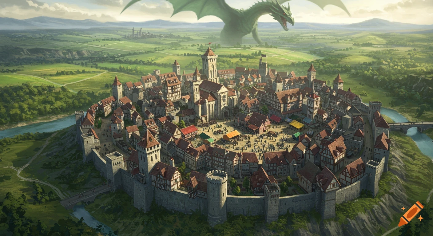 Aerial view of a medieval walled town with a dragon flying overhead ...
