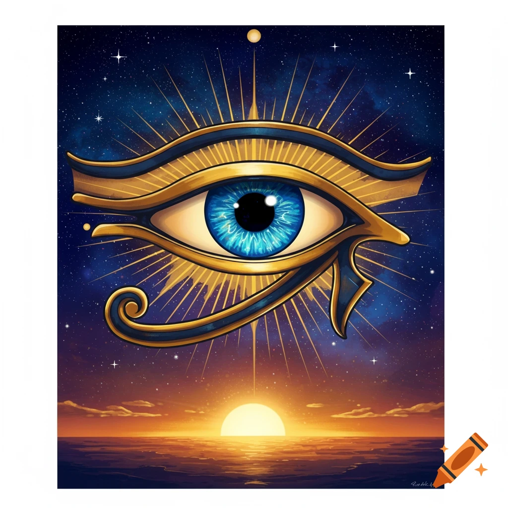 Stylized Eye of Ra symbol over a sunset landscape with stars. on Craiyon