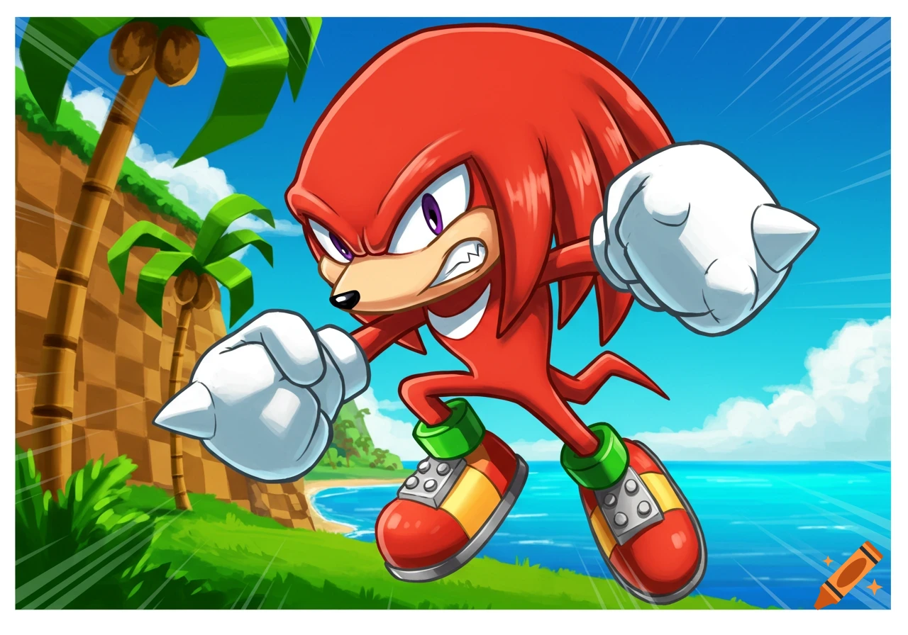 Cartoon illustration of Knuckles the Echidna in a dynamic pose in a ...