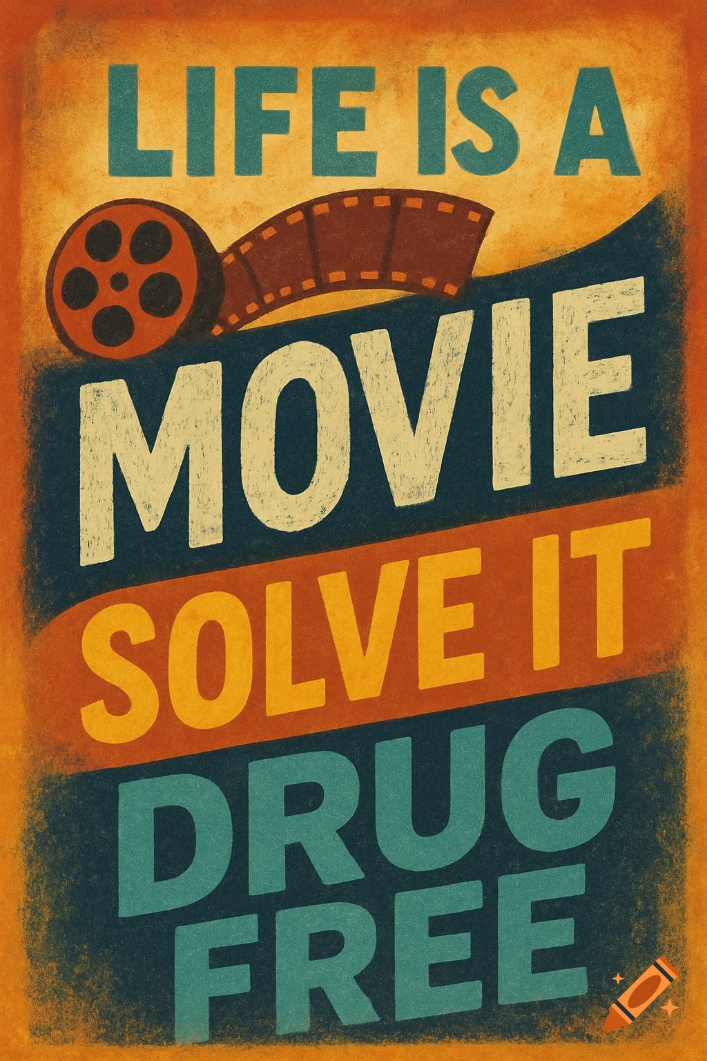 Vintage style poster with text "Life is a movie solve it drug free" and ...