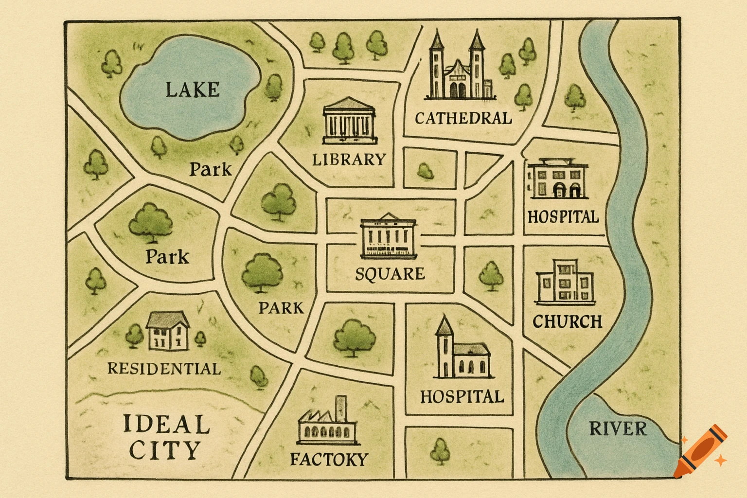 A hand-drawn map illustration of an ideal city with labelled locations ...