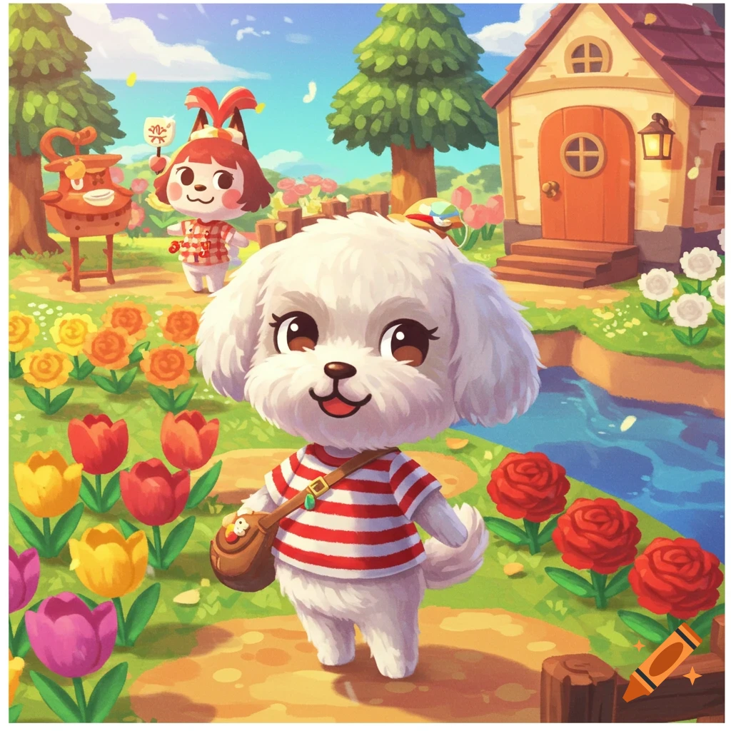 A cartoon white dog in a striped shirt stands on a path in a flowery ...