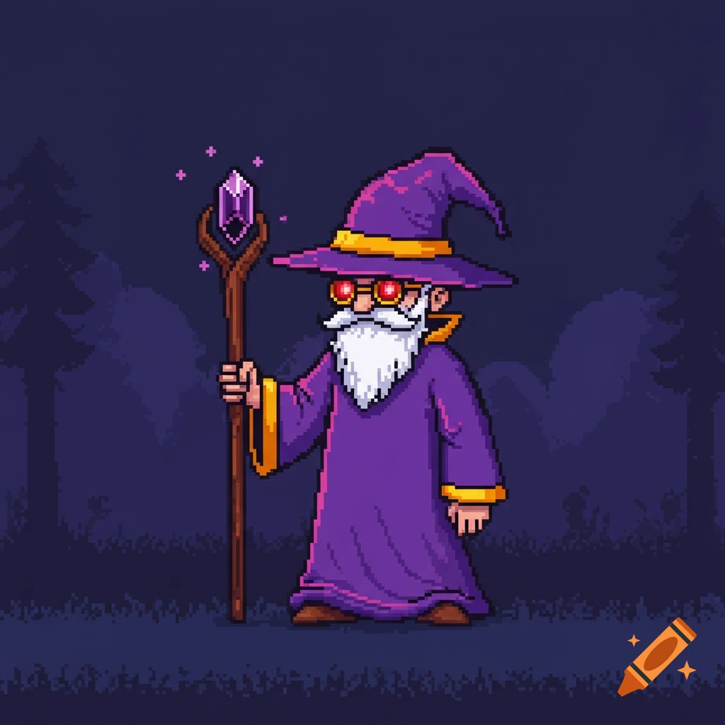 Pixel art illustration of a wizard in purple robes holding a staff with ...