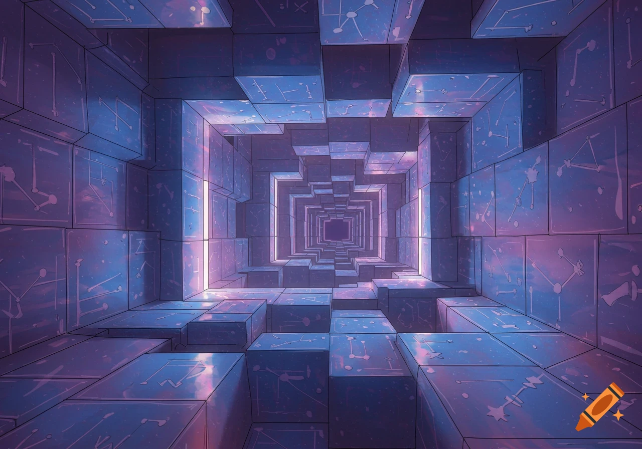 Repeating hallway of blue and purple blocks with abstract patterns ...