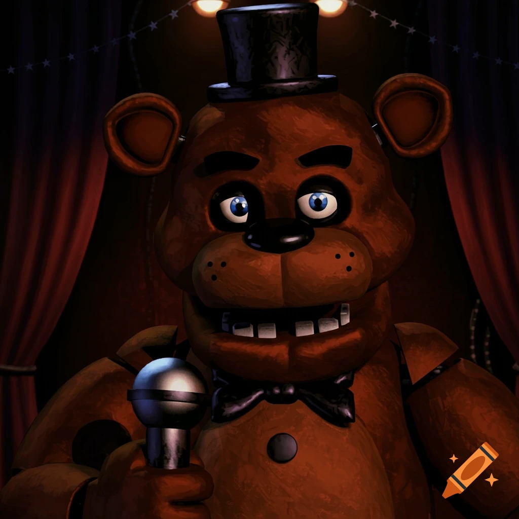 Close-up of Freddy Fazbear holding a microphone on a stage on Craiyon