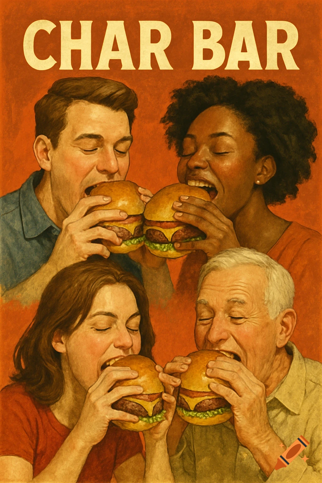 Four people happily eating hamburgers under the text 'CHAR BAR', in an ...