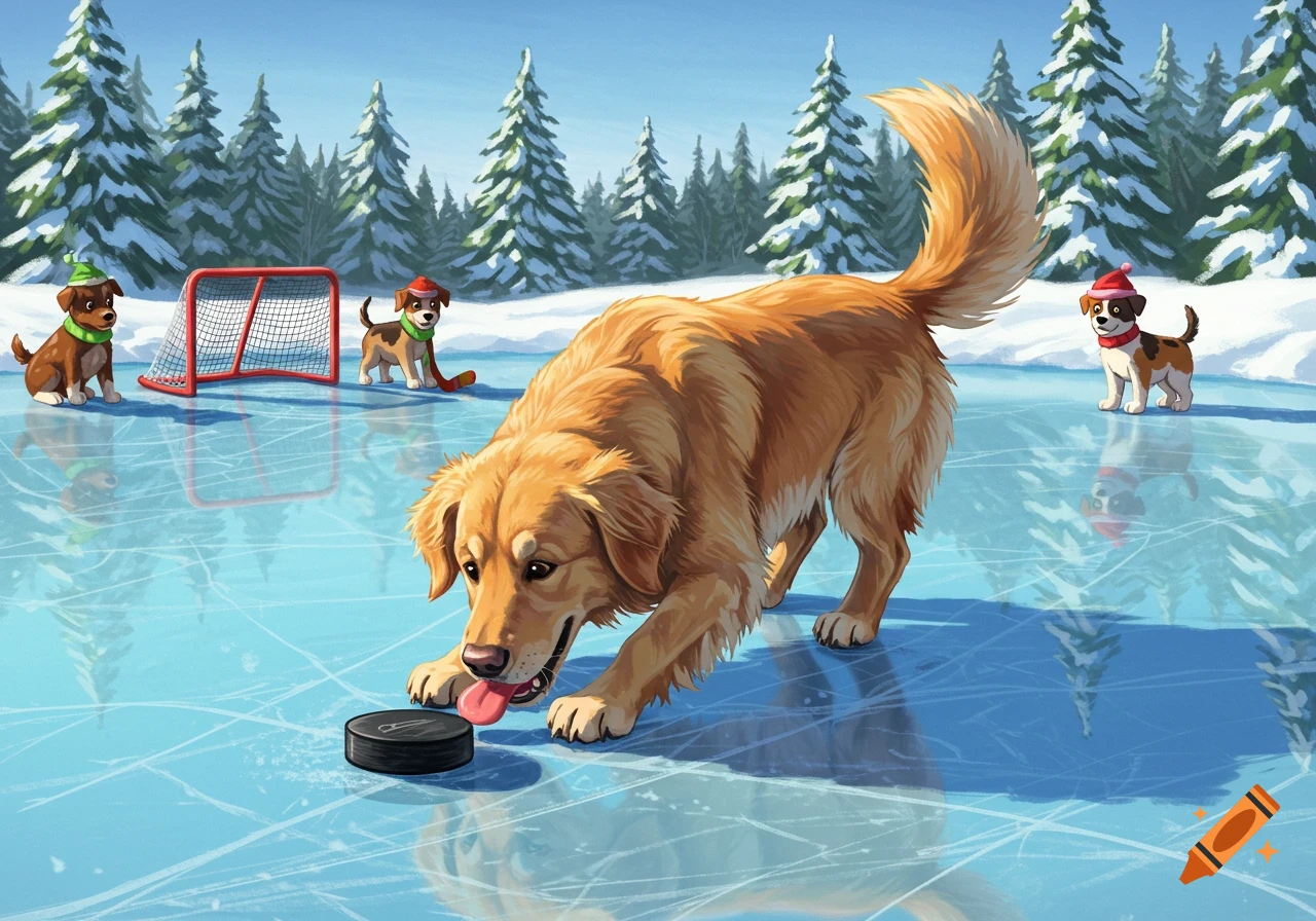 Illustration of a golden retriever and puppies playing hockey on an ice ...