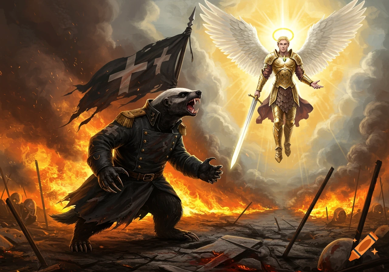 An anthropomorphic badger in a military coat with a flag faces an angel ...