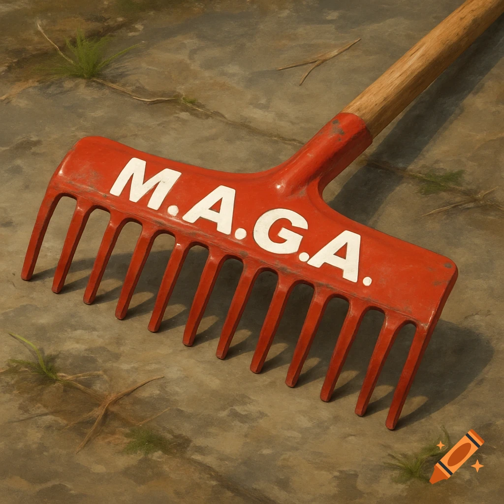 A red yard rake with "M.A.G.A." printed on it lies on the ground. on ...