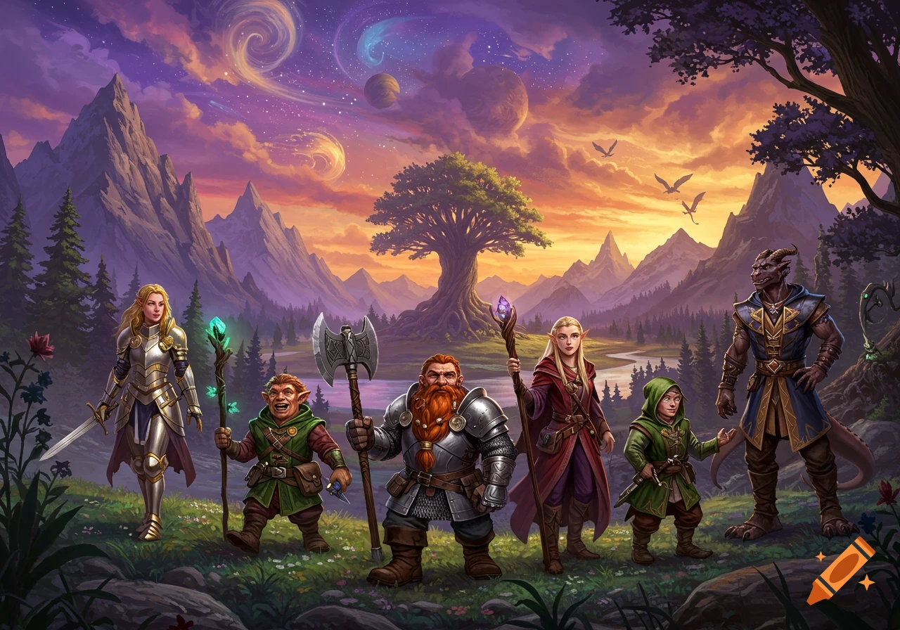 A diverse fantasy adventuring party stands in a vibrant landscape with ...