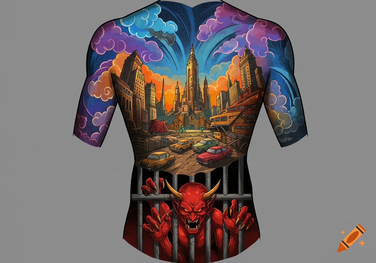 Back piece tattoo design featuring a city skyline under dramatic clouds ...