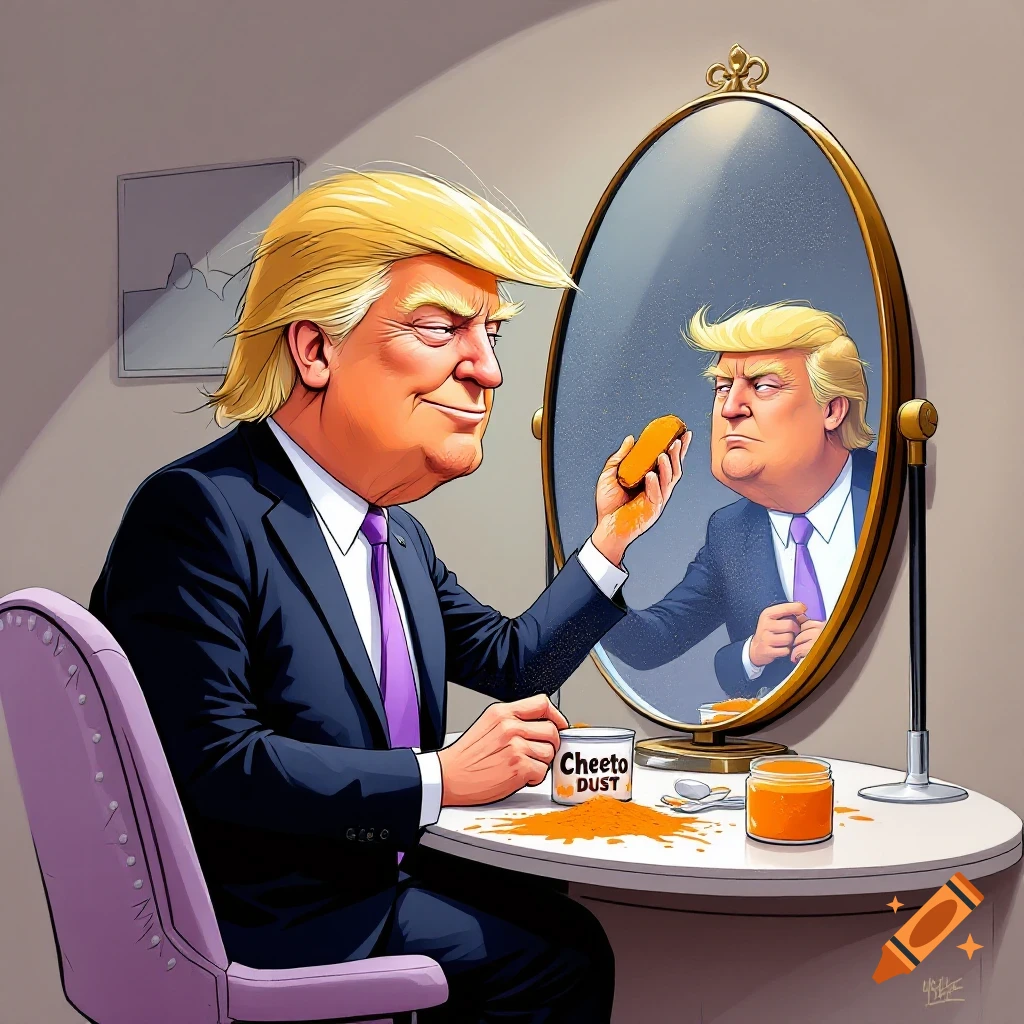 Caricature of Donald Trump applying orange powder from a 'Cheeto dust ...