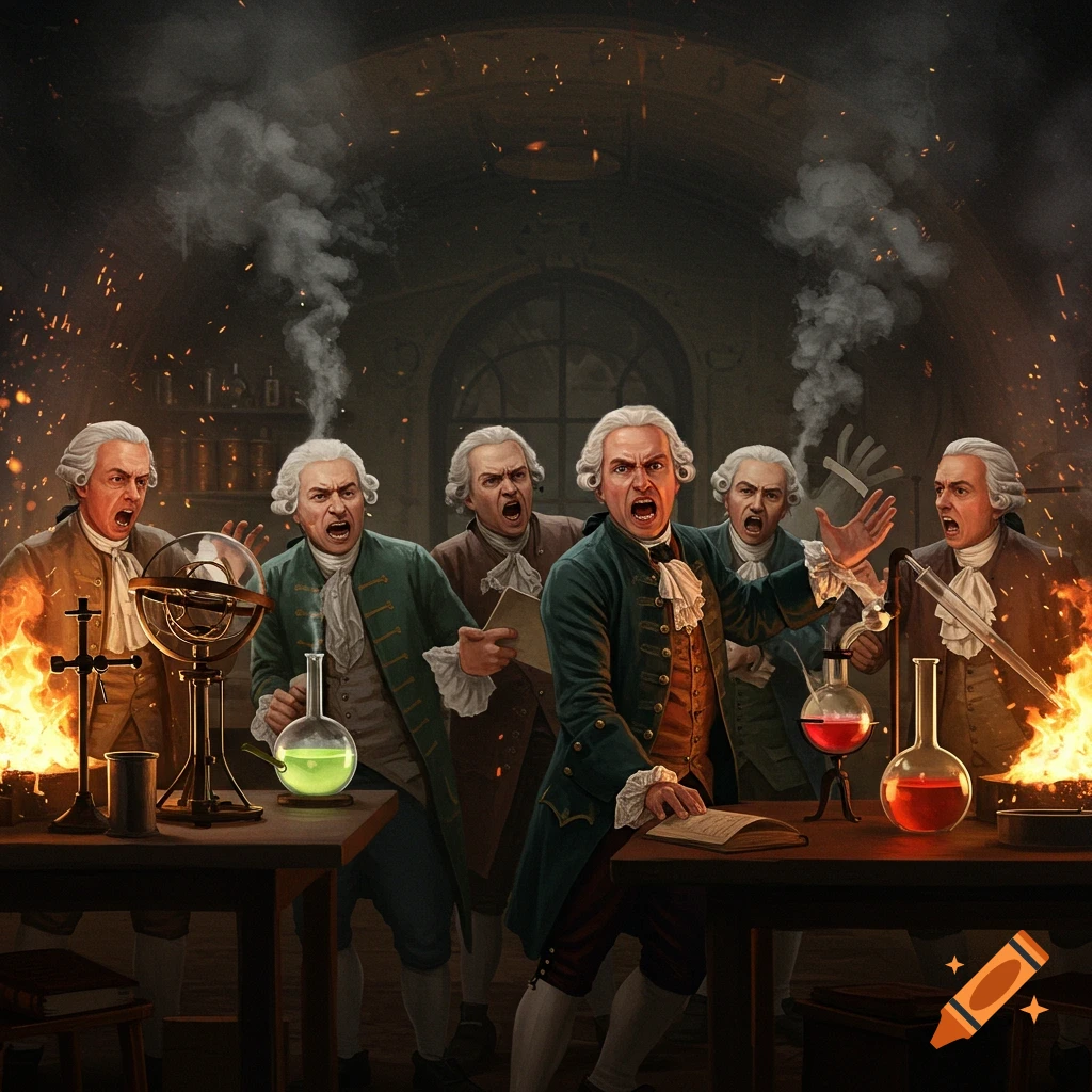 Group of angry 18th-century scientists in a lab with flames and smoke ...