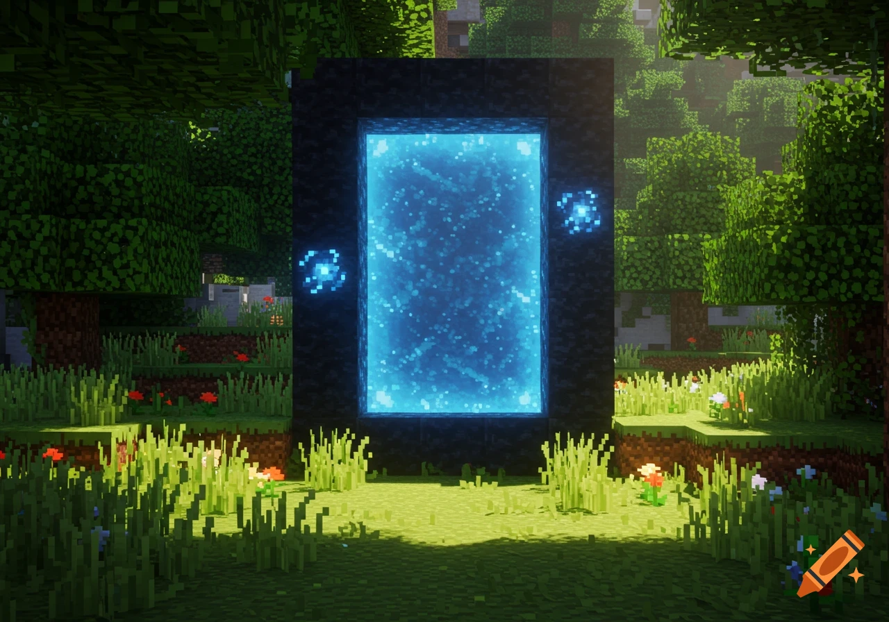 A glowing blue Minecraft nether portal sits in a sunlit forest clearing ...