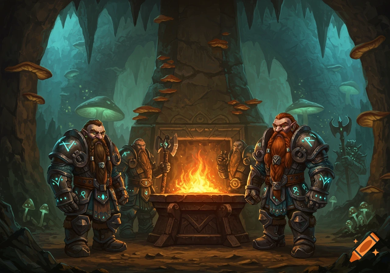 Heavily armored dwarves in a cave forge with glowing mushrooms. on Craiyon