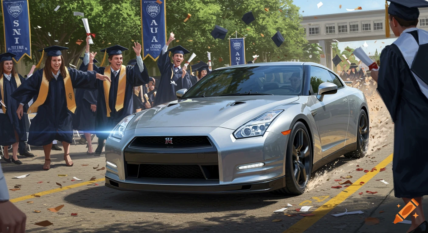 A silver Nissan GTR drives through a high school graduation ceremony ...