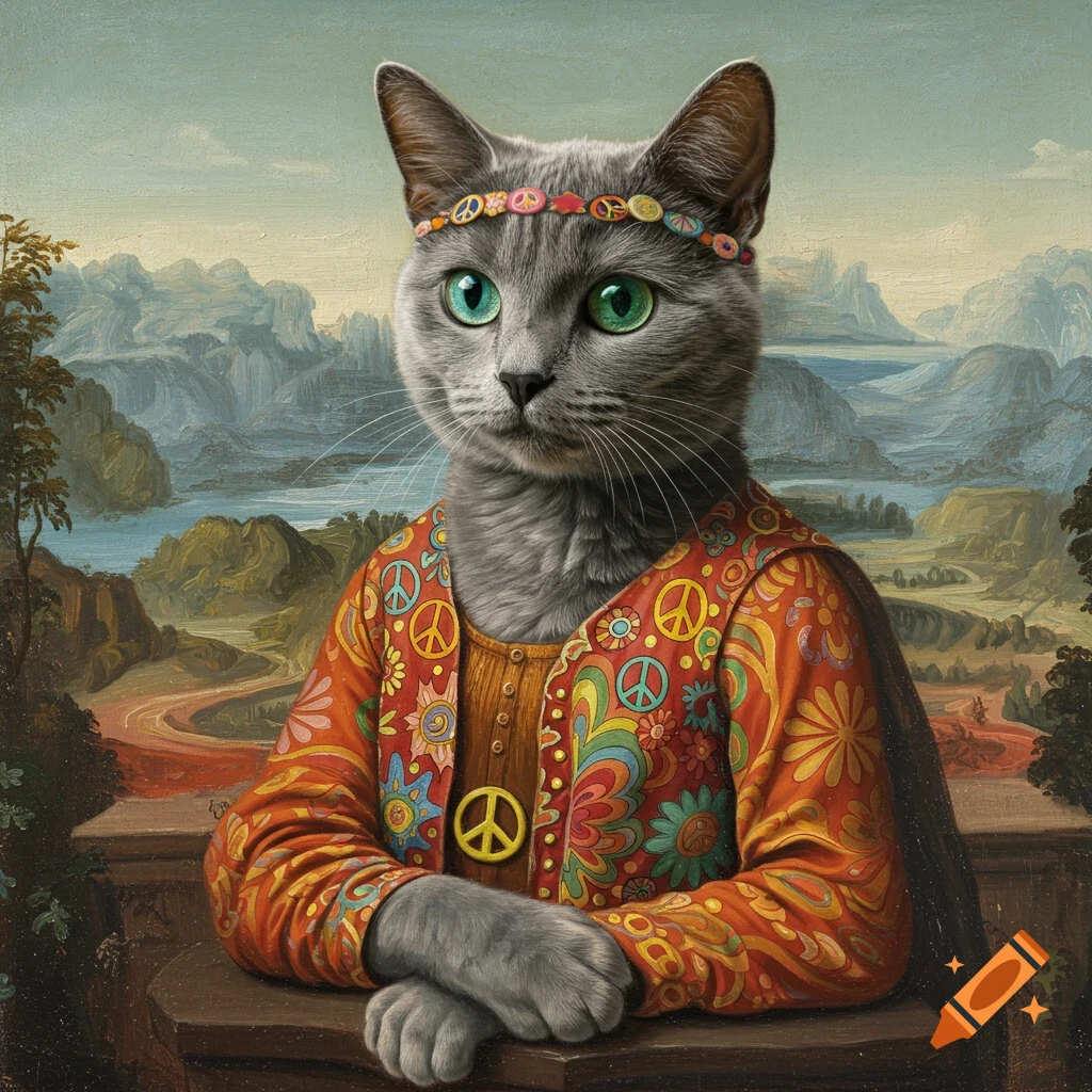 A gray cat wearing a hippie outfit with a peace sign headband and ...