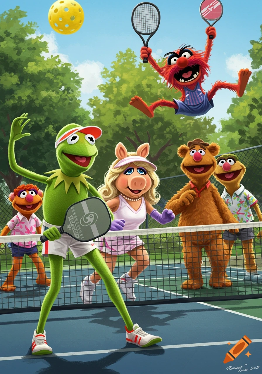 The Muppets playing pickleball on a court. on Craiyon