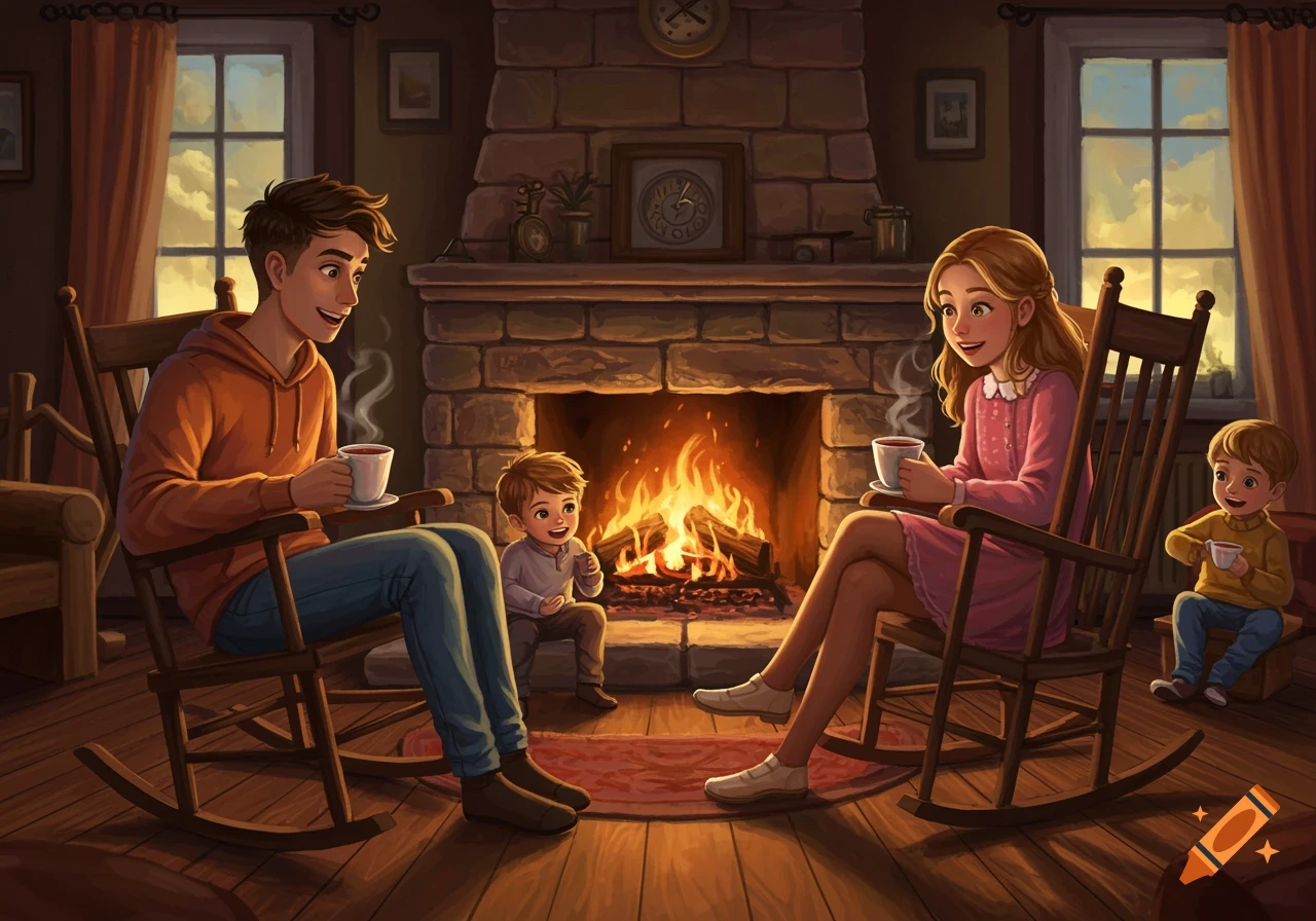 Illustrated family in a cozy living room, sitting by a fireplace in ...