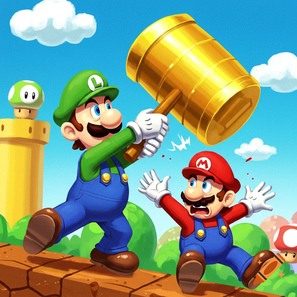 Luigi swings a large golden hammer at a startled Mario in a Super Mario ...