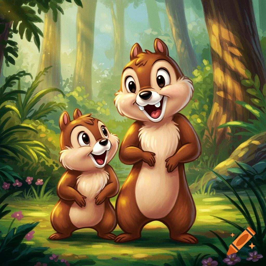 Two cartoon chipmunks, Chip and Dale, standing in a forest on Craiyon