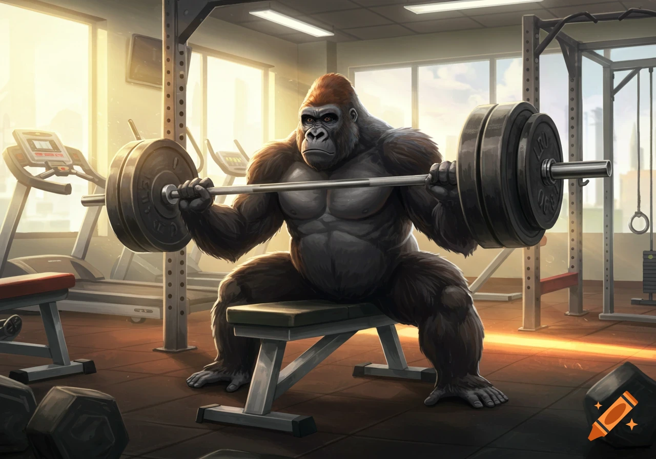 An illustration of a muscular gorilla bench pressing weights in a gym ...