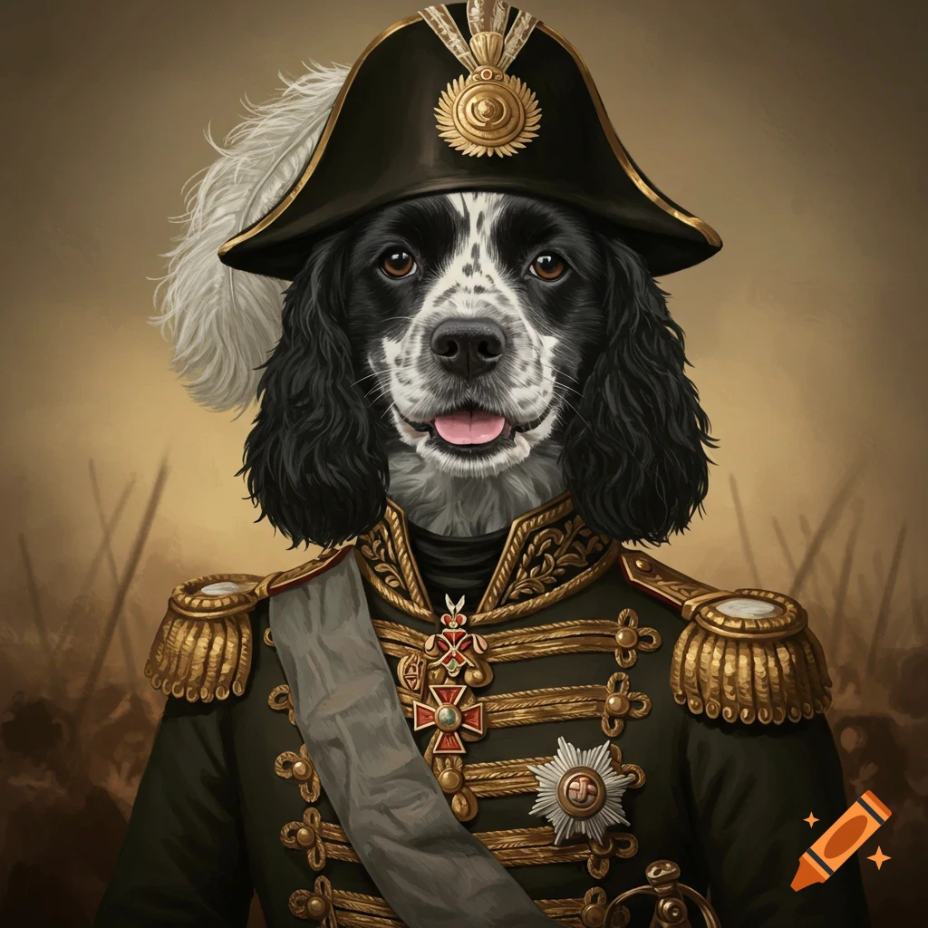 A cocker spaniel dog dressed in a historical military general's uniform ...