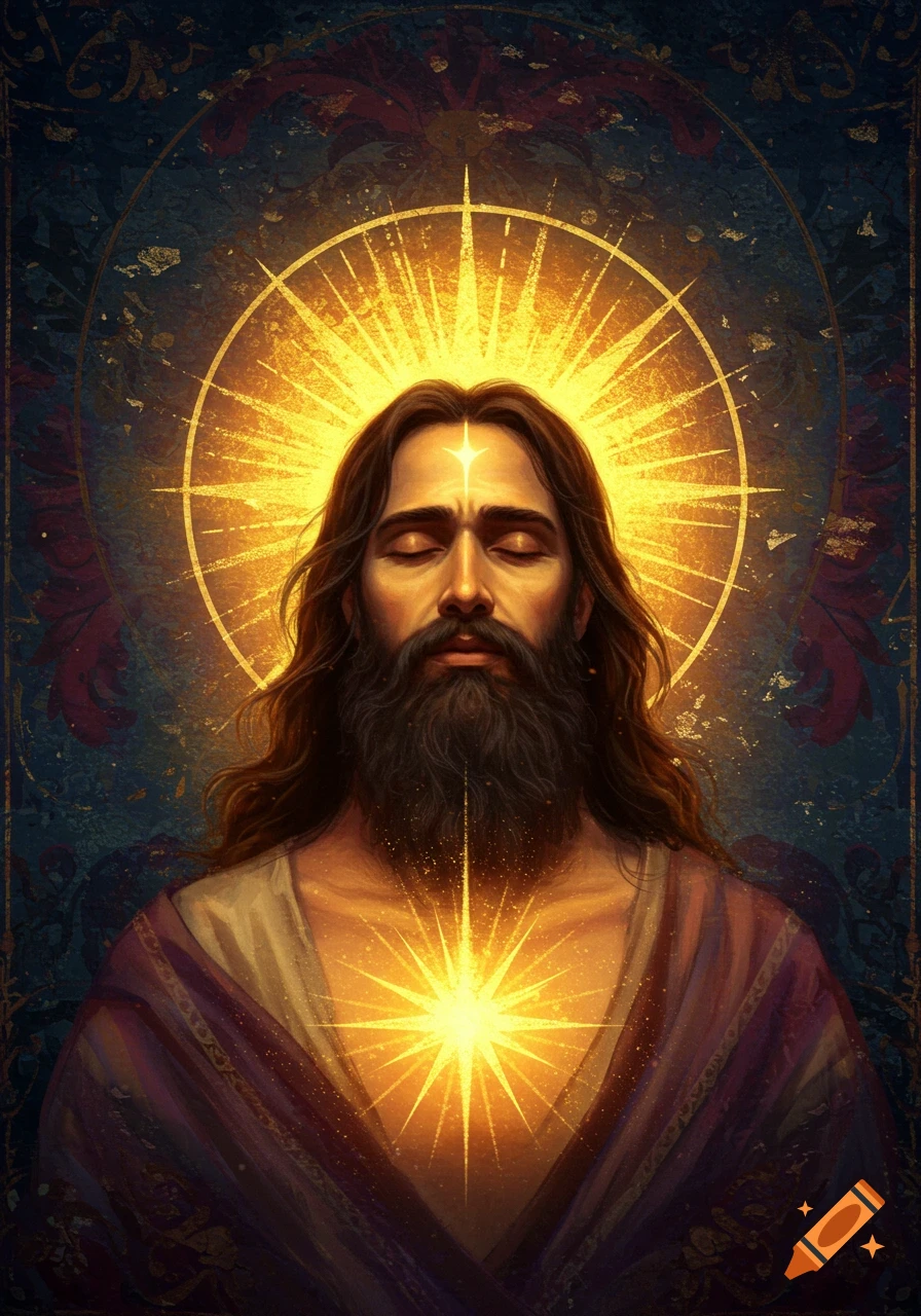 Painting of a spiritual figure with a golden halo and chest light in a ...