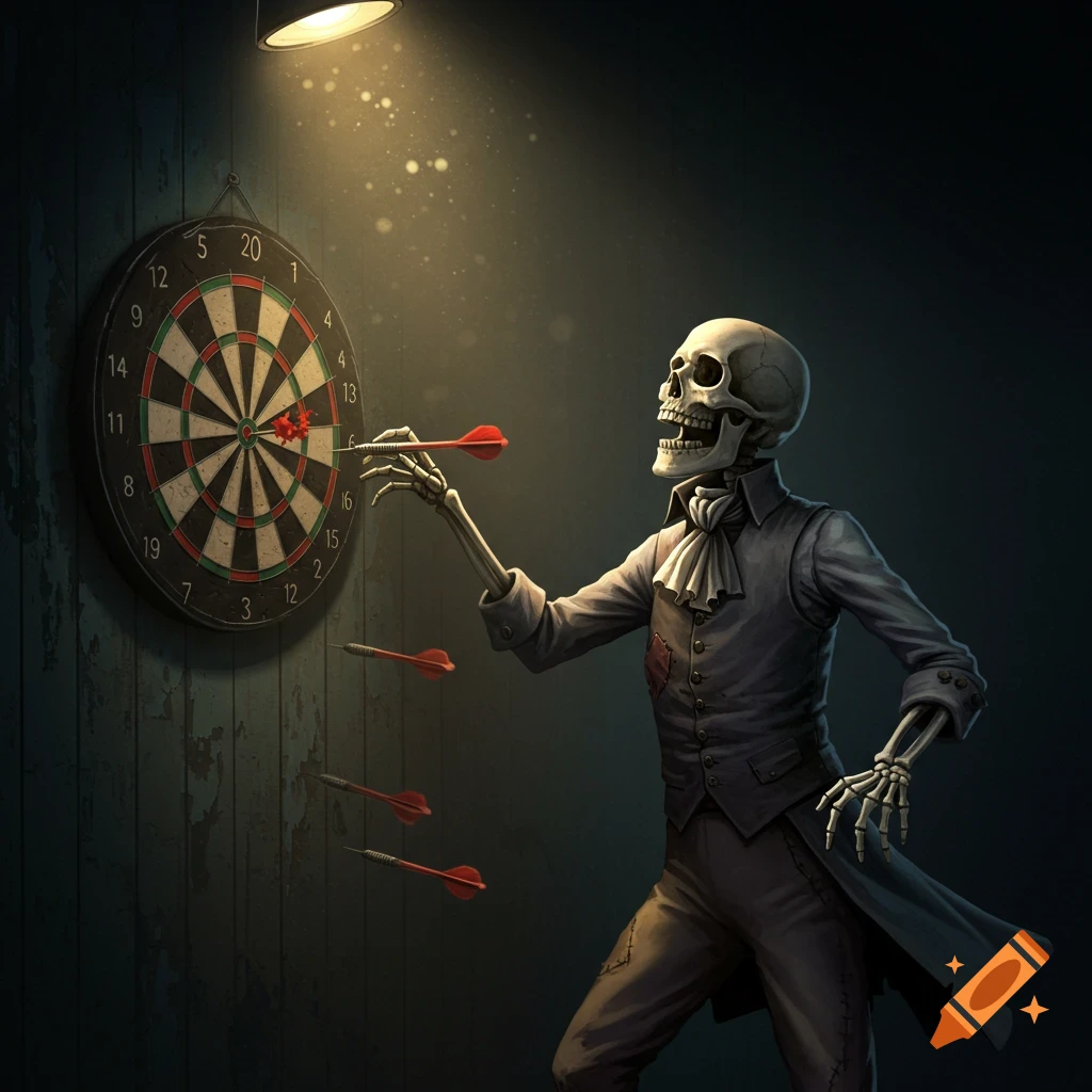 A skeleton in a coat plays darts under a spotlight. on Craiyon