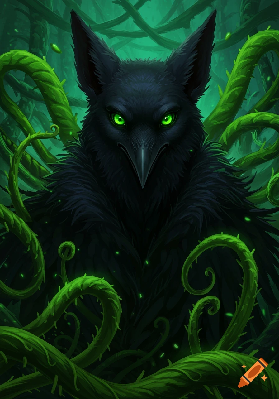 A black anthropomorphic raven creature with glowing green eyes peers ...