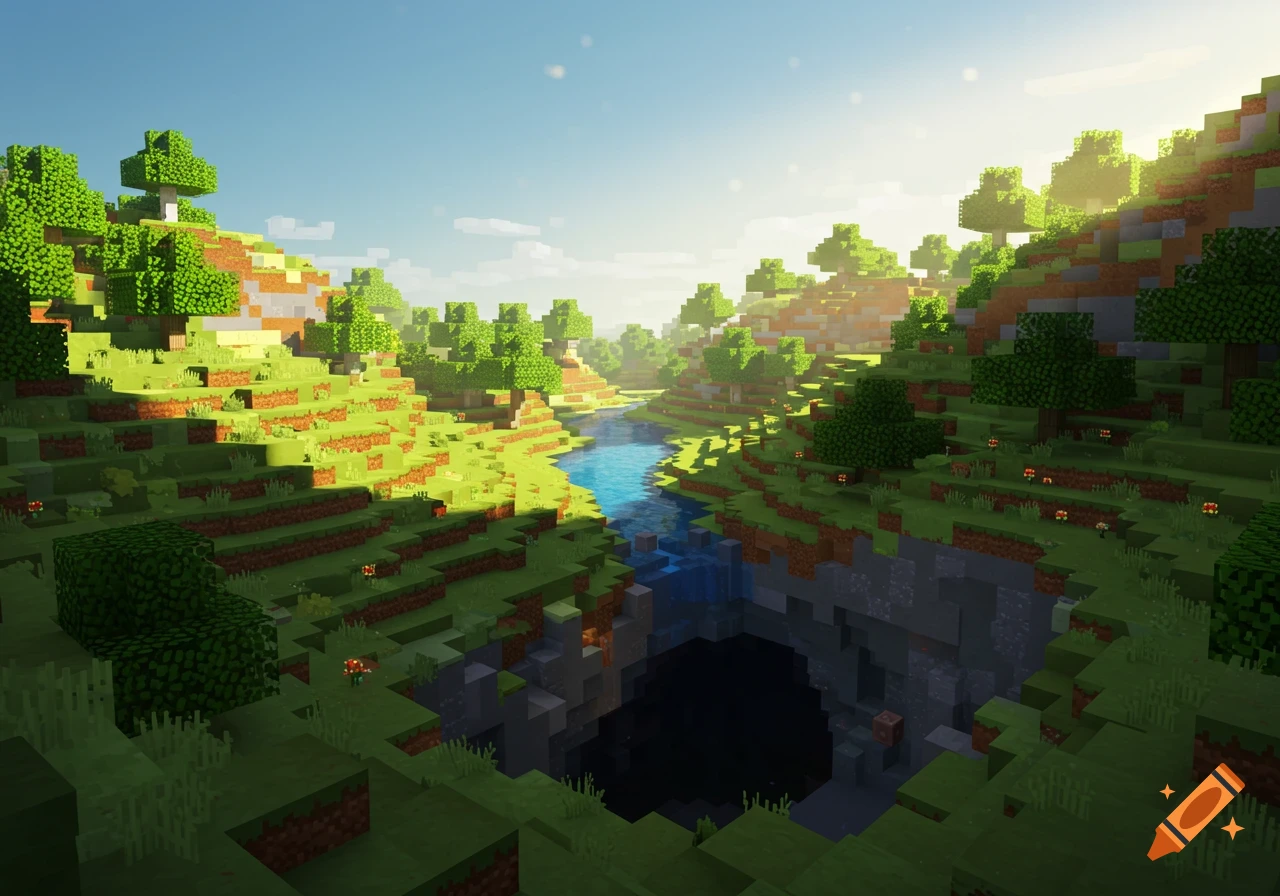 A blocky, sunlit Minecraft-style landscape with a river flowing into a ...