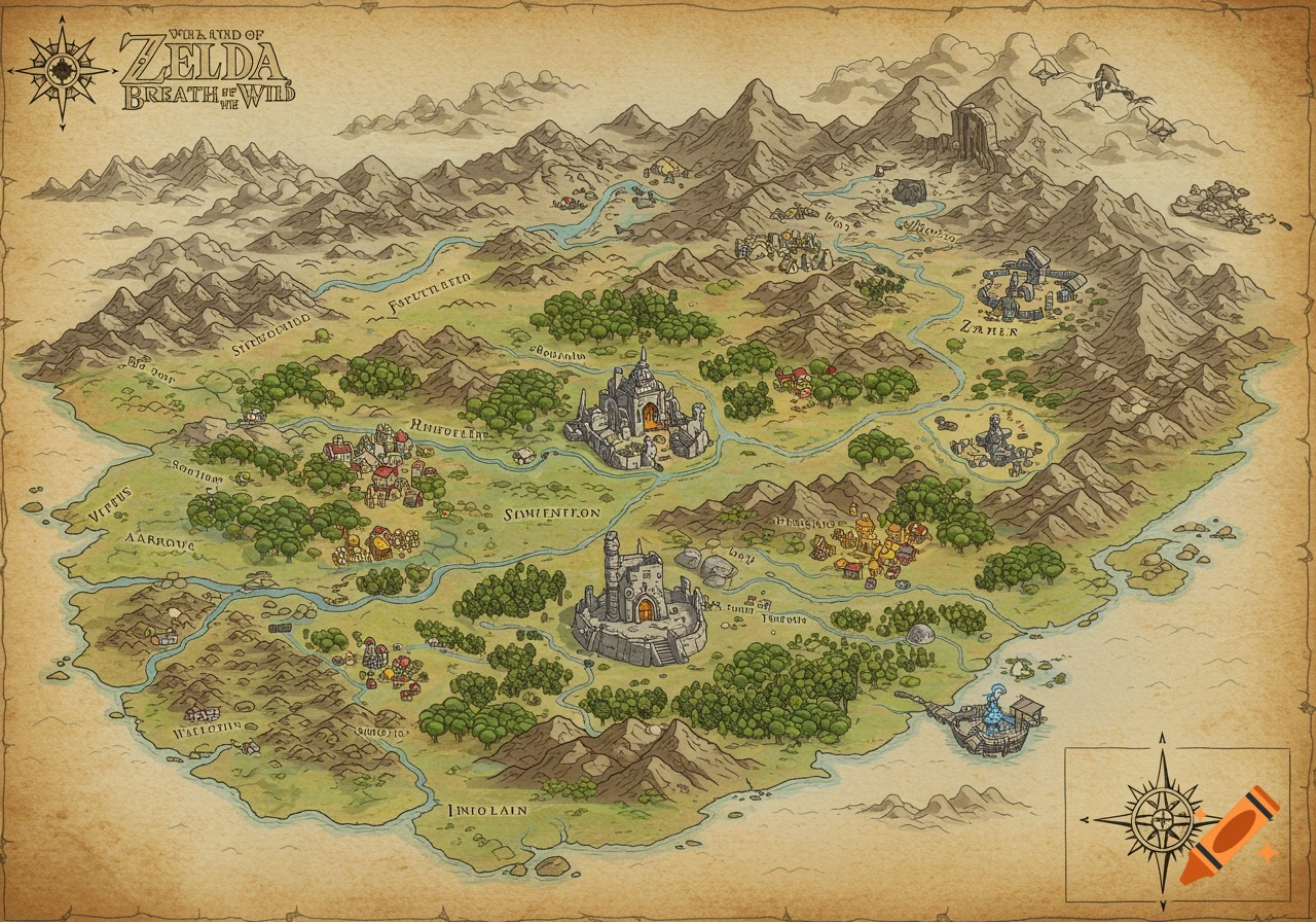 Hand-drawn fantasy map in earthy tones showing mountains, rivers, forests, villages, and castles ...