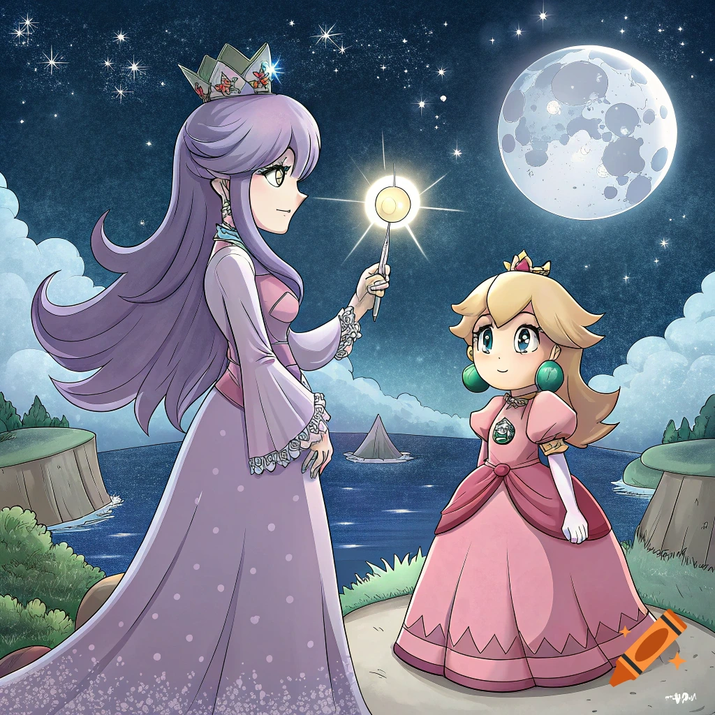 Two anime princesses stand by water under starry moonlit sky on Craiyon