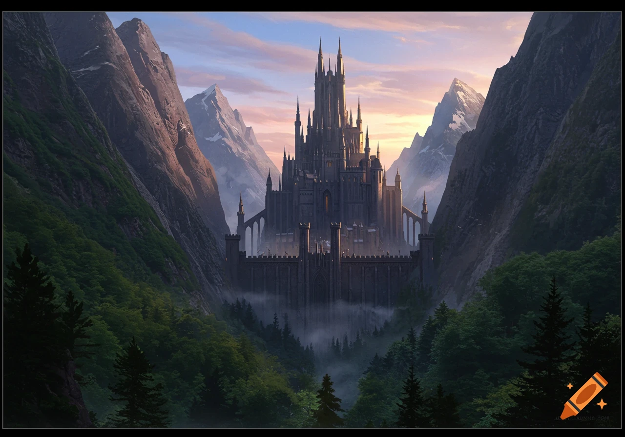 A large dark fantasy fortress sits in a valley between mountains at ...