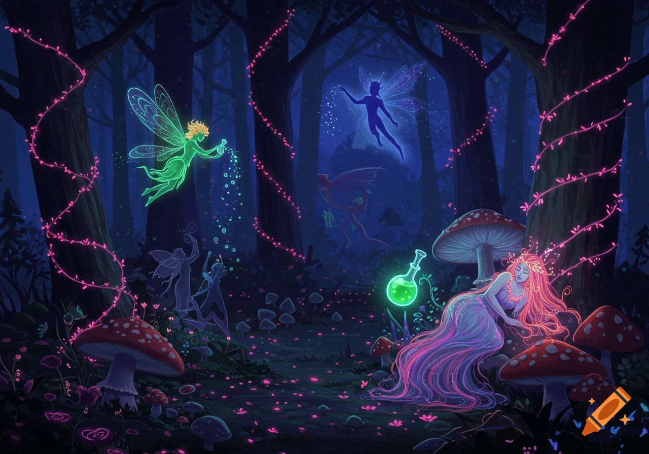 Illustrative fantasy scene of glowing fairies in a dark forest with ...