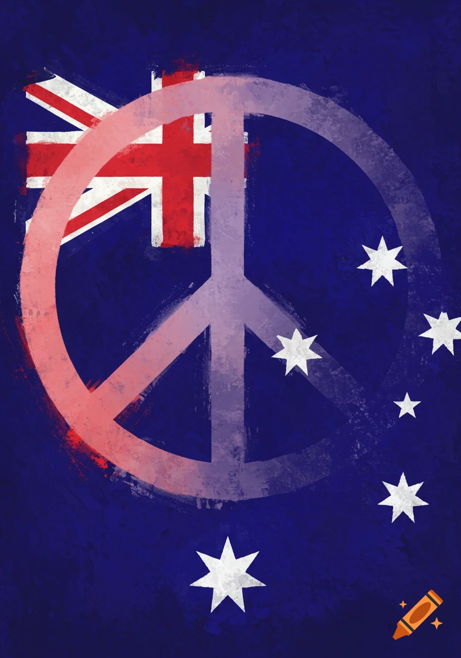 Painterly image of a large peace symbol overlaying the Australian flag ...
