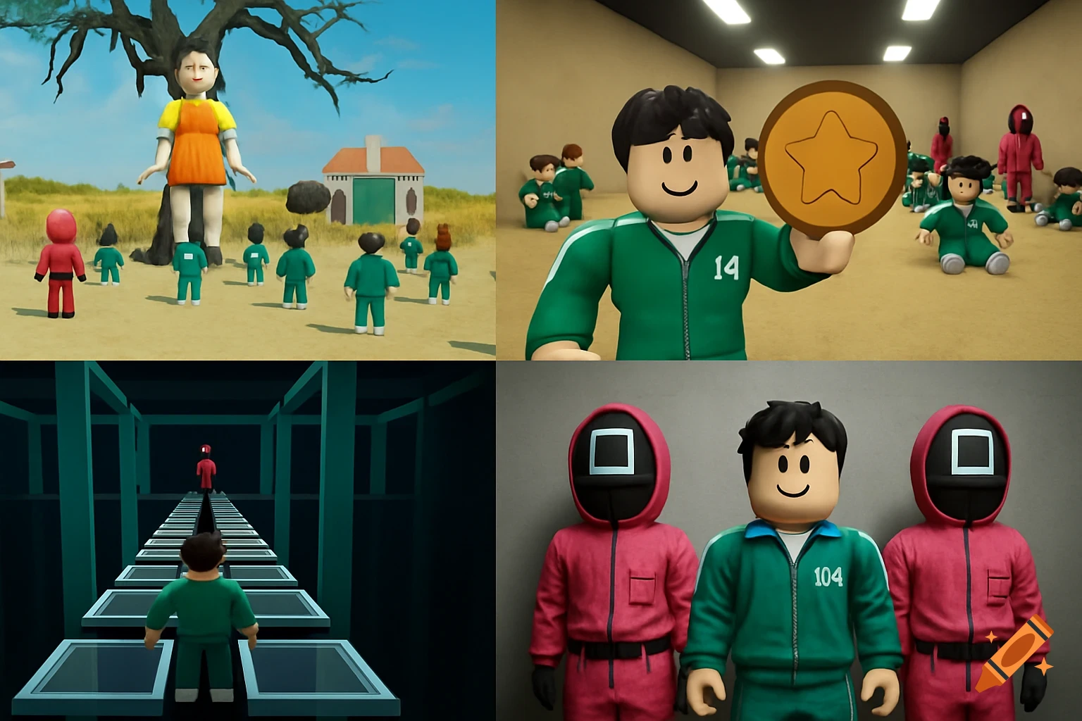 Four panel image depicting Squid Game scenes in a Roblox style: Red Light, Green Light, Dalgona ...