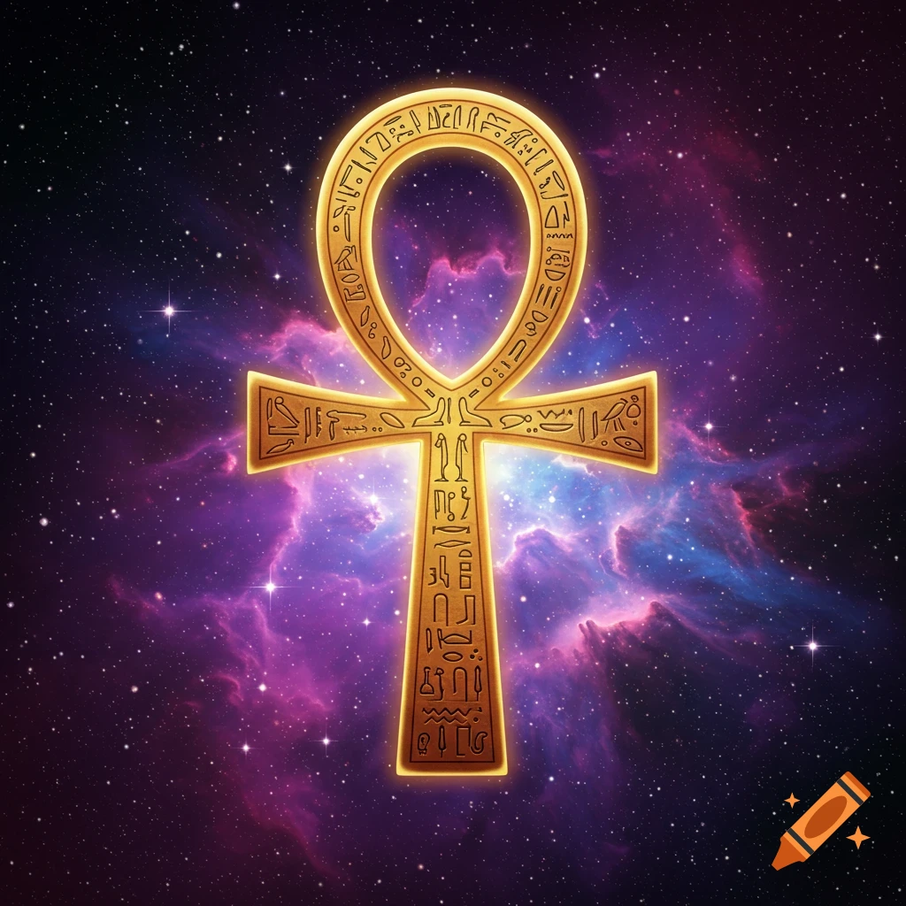 Golden Egyptian Ankh symbol with hieroglyphs in front of a colorful ...