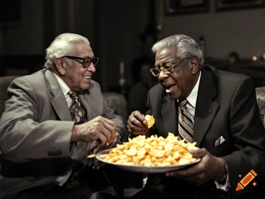Two older men in suits laugh while eating potato chips from a large ...