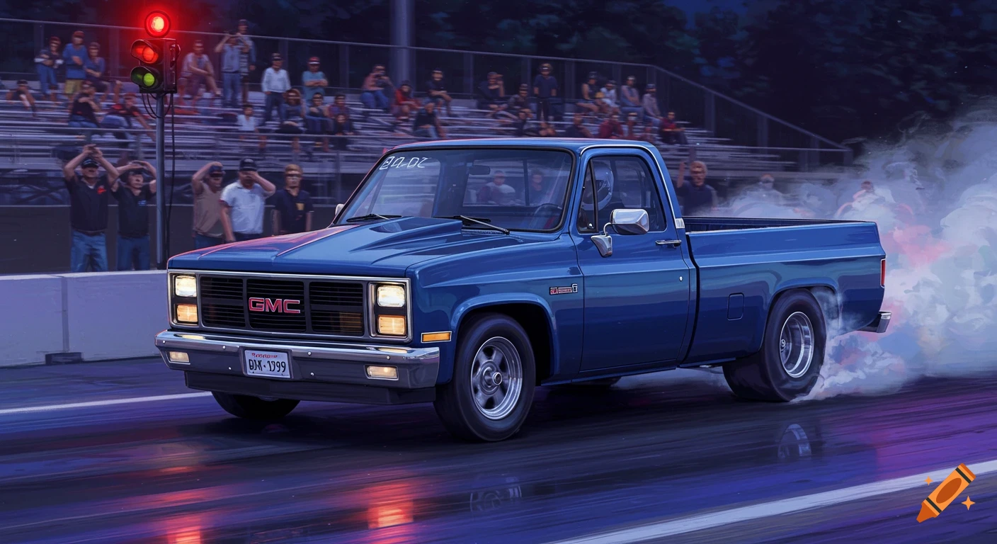 Blue GMC truck doing a burnout at a drag race track with spectators and ...