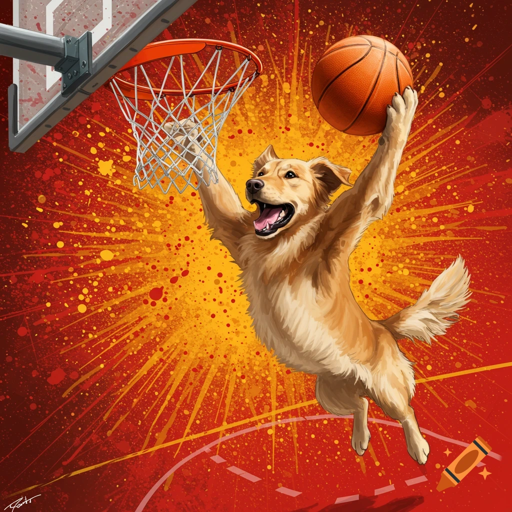 Golden retriever dog dunking a basketball in a stylized illustration ...