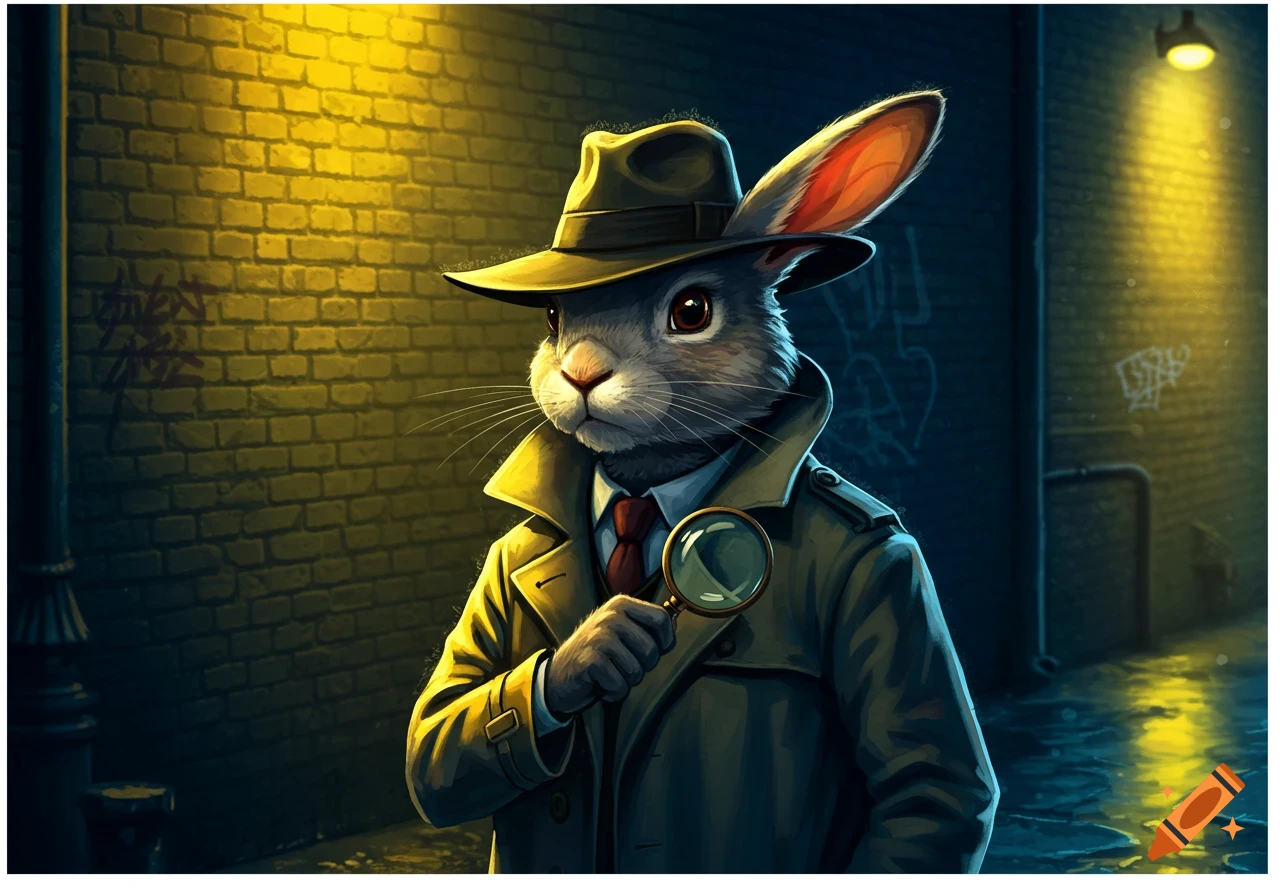 A rabbit dressed as a detective stands in a dark alley holding a ...