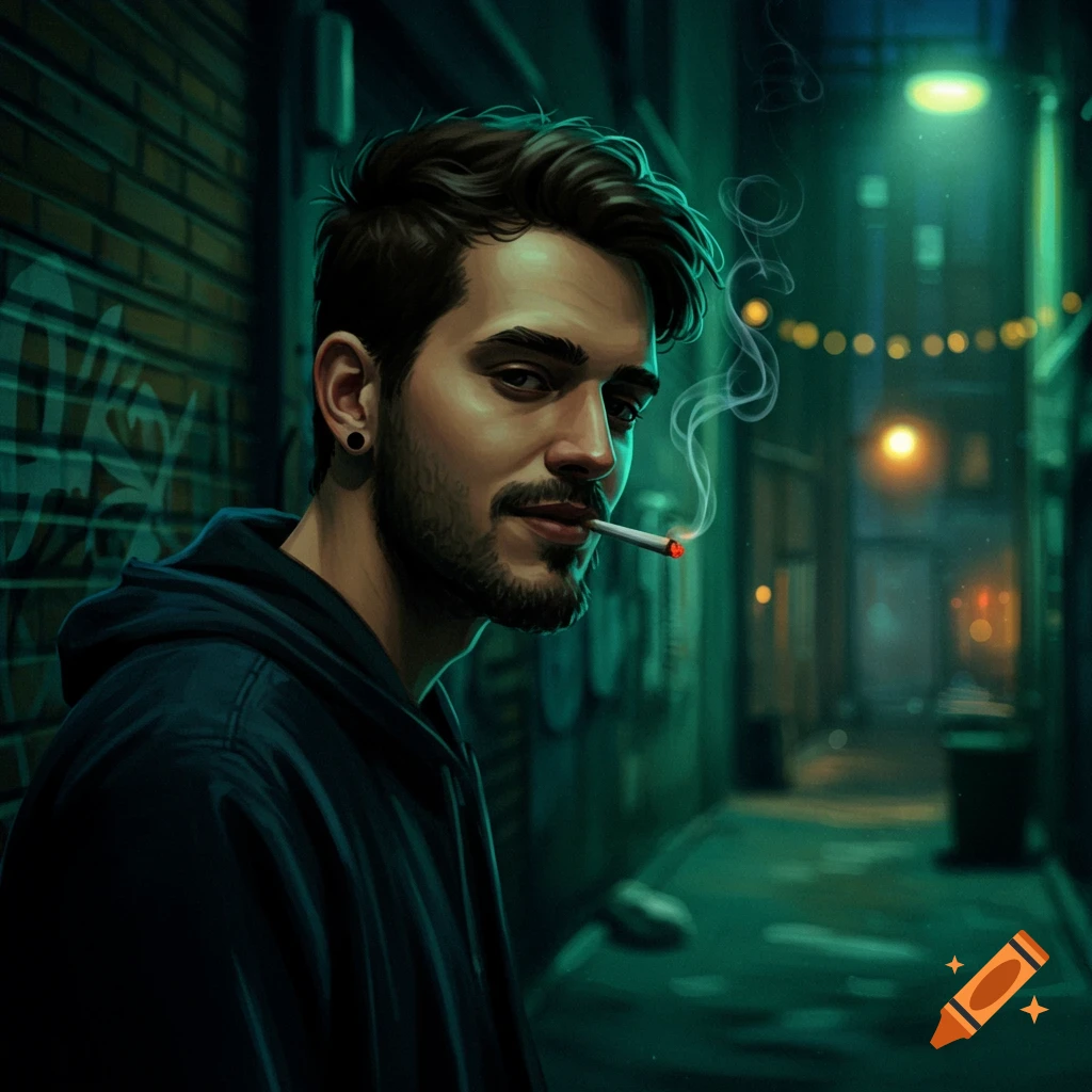 Portrait of a man smoking a cigarette in a dark urban alley on Craiyon
