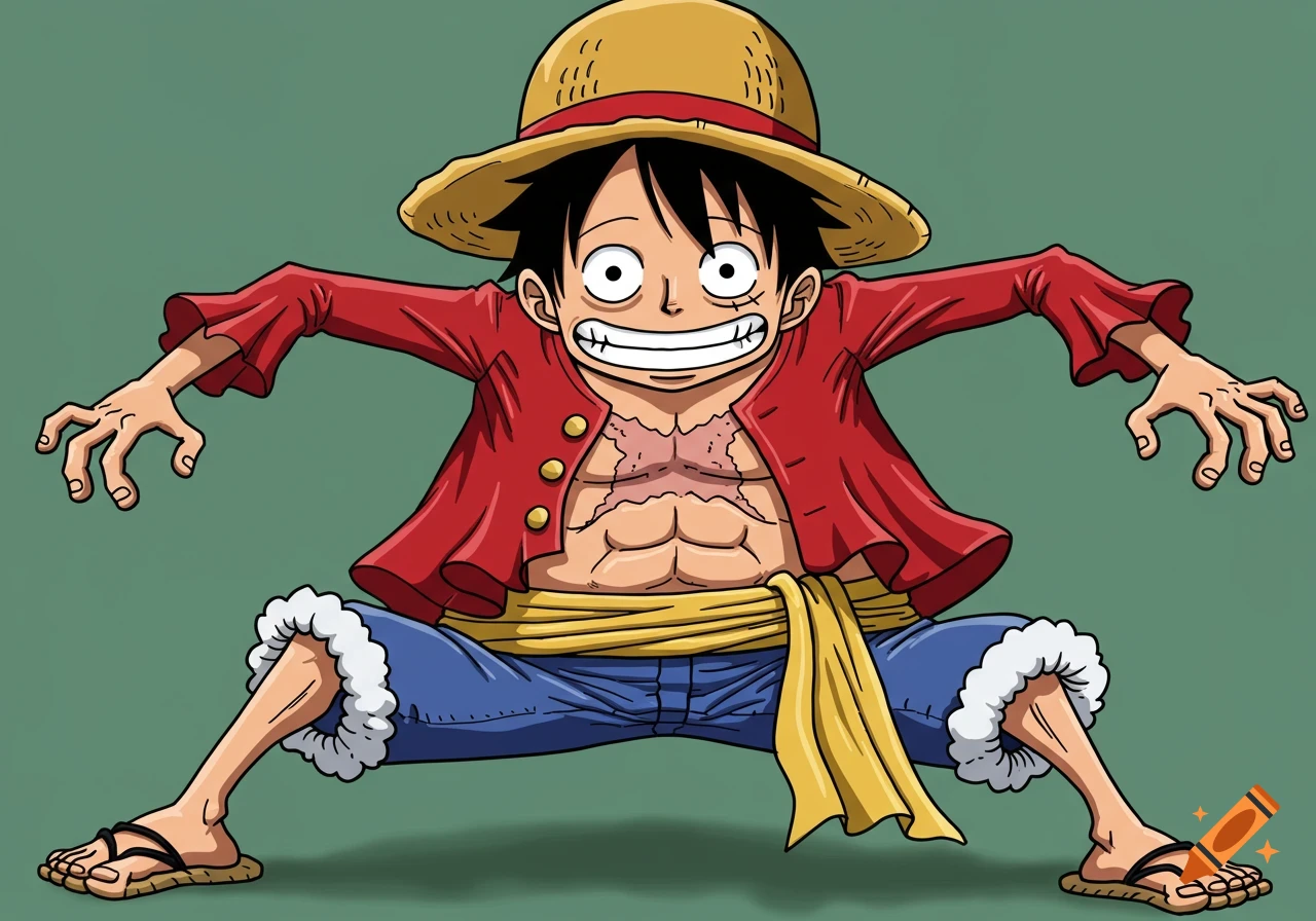 Cartoon drawing of the anime character Luffy in a spread-legged pose ...