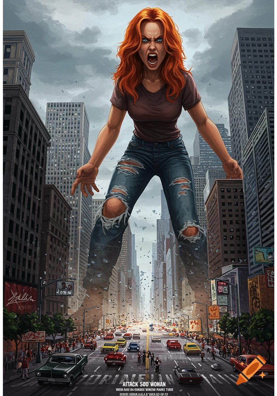Giant angry woman in ripped jeans destroying a city in comic book style ...