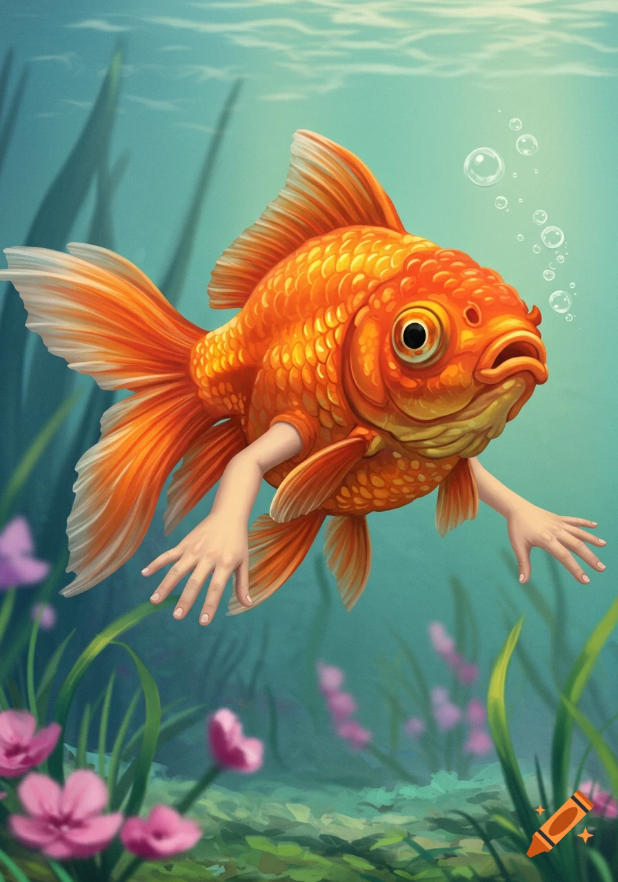 Illustration of an orange fish with human hands swimming underwater on ...