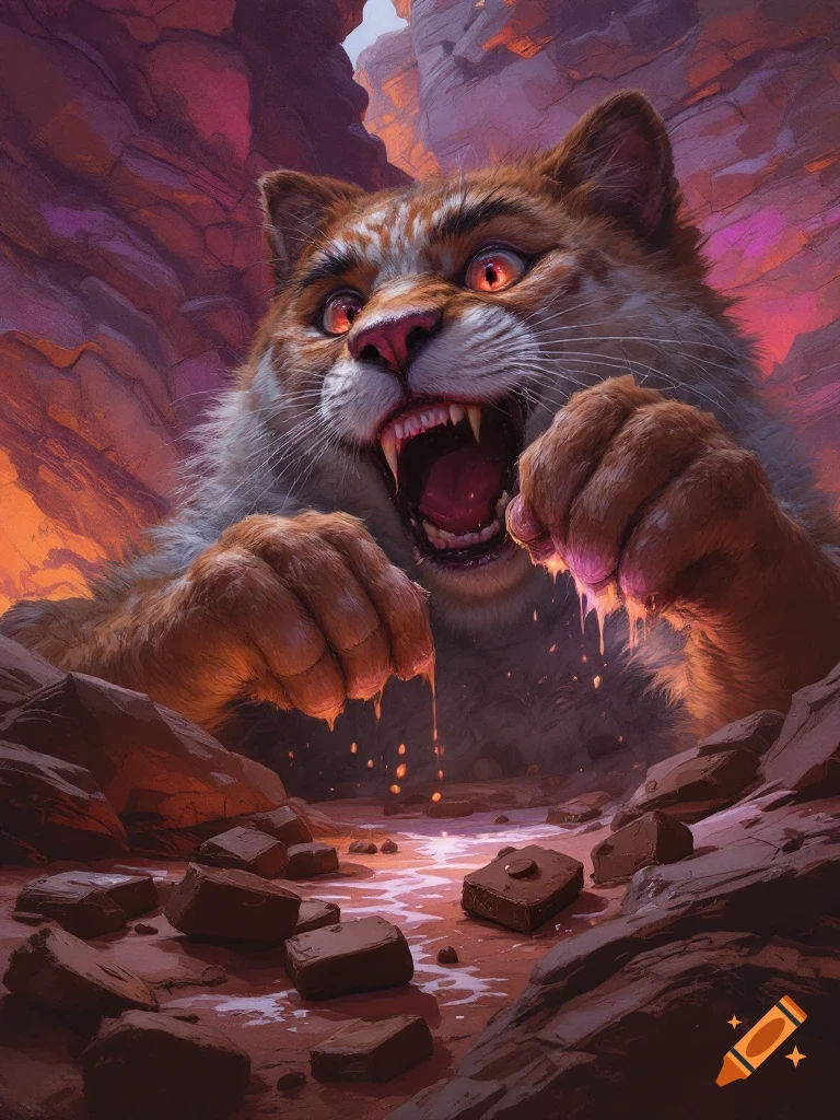 A giant, fierce, furry feline creature with glowing eyes roars in a ...