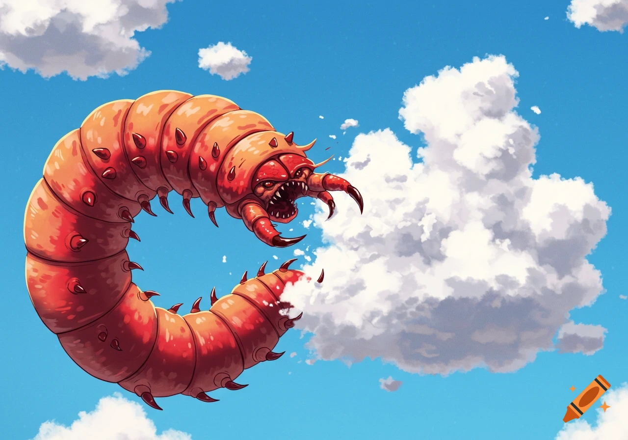 A large, red monster worm with sharp teeth and claws in a blue sky with ...