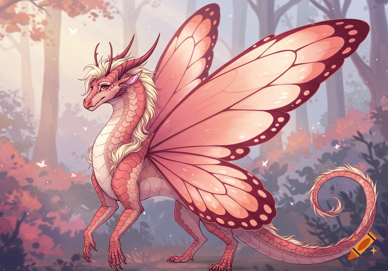 A pink butterfly dragon stands in a forest. on Craiyon