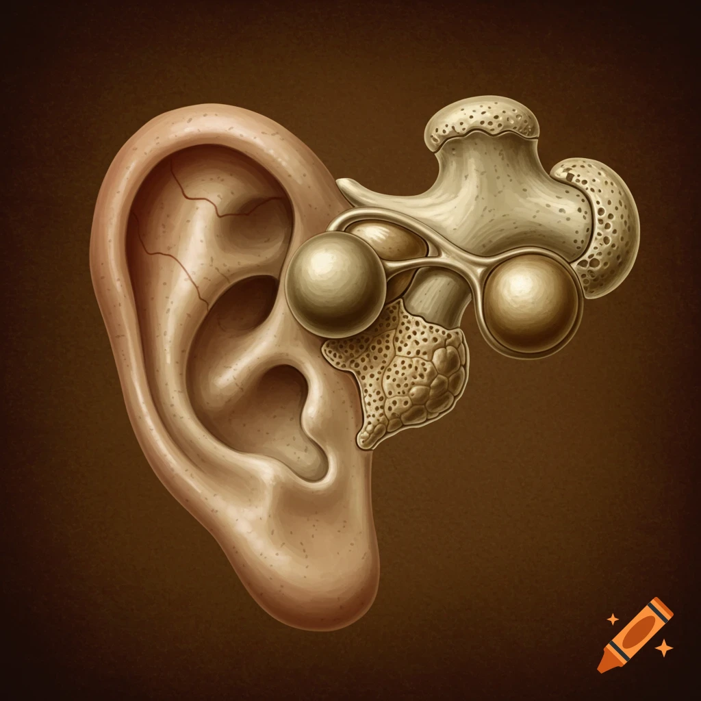 Old-timey illustration of human ear anatomy showing the outer ear and ...
